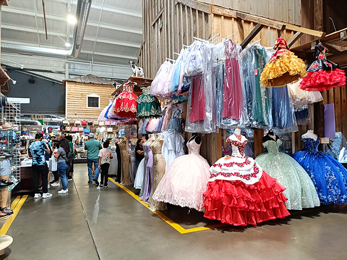 Inside, the cavernous space buzzes with activity as shoppers navigate a labyrinth of vendor stalls under soaring wooden beams.