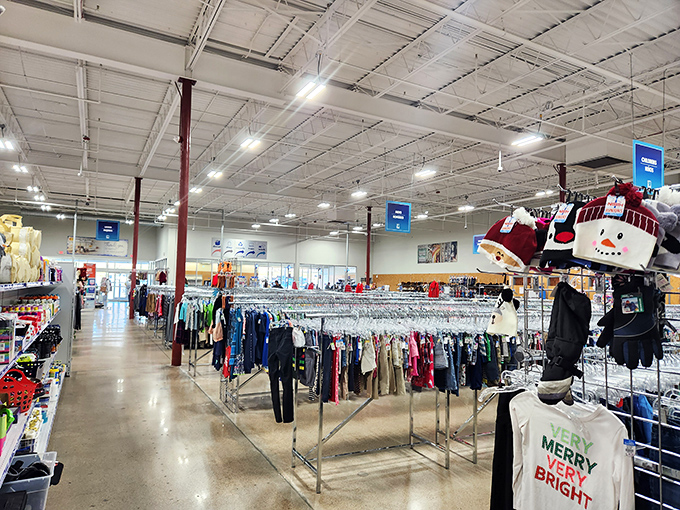 Endless racks stretch toward the horizon under bright lights. That "Merry & Bright" holiday sweater might just be your next conversation starter at the neighborhood potluck.