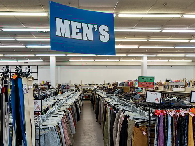 The men's section stretches toward the horizon like some kind of secondhand sunset, promising vintage finds among everyday basics. 