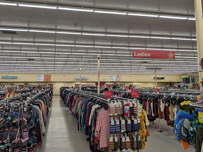 Row after colorful row of ladies' clothing stretches toward the horizon. It's like a rainbow made of fabric possibilities.