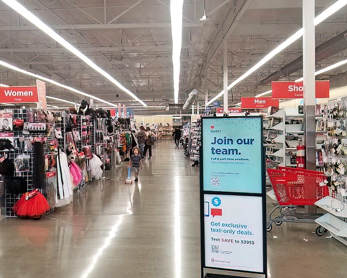 Wide aisles and clear department signs make navigation a breeze. Like an archaeological dig for retail treasures, each section promises different discoveries.