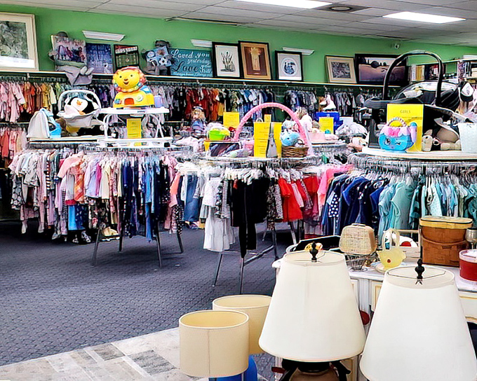 Color-coded clothing racks and bright green walls create an organized shopping experience that puts many first-hand retailers to shame. Marie Kondo would approve.