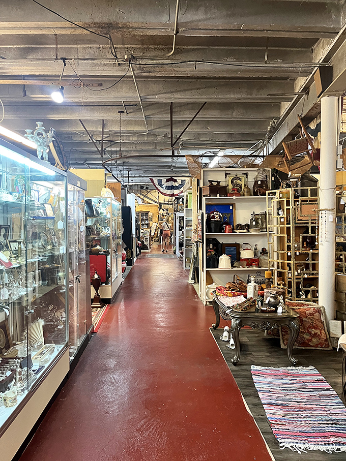 Red floors guide you through history's garage sale. Those exposed beams have witnessed countless "I can't believe I found this!" moments.