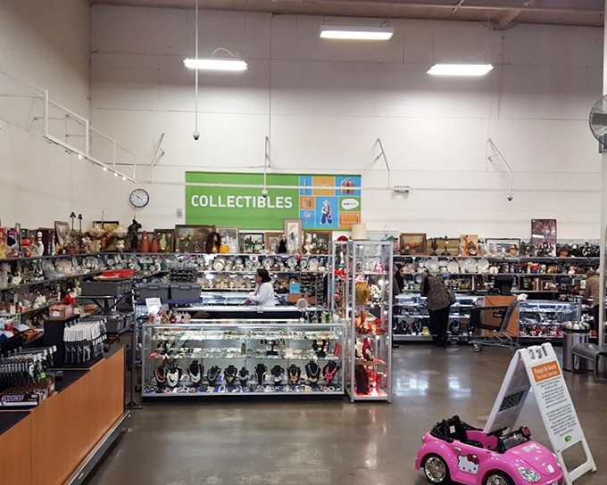 The collectibles section is where childhood memories and future garage sale treasures peacefully coexist under fluorescent lighting.