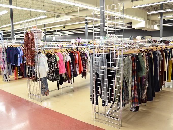 Racks upon colorful racks create a textile forest where fashion adventurers can hunt for hidden designer gems among everyday offerings.