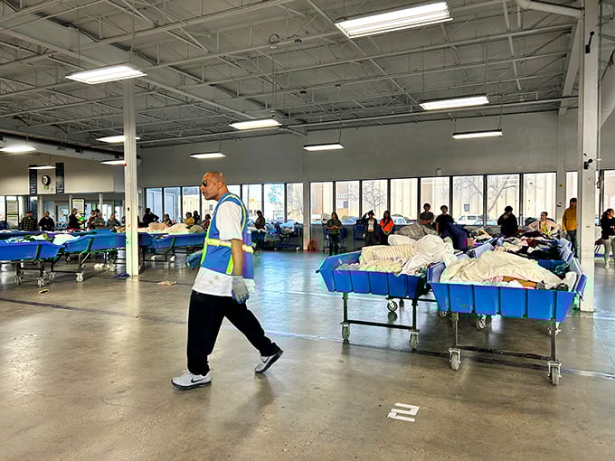 The battlefield of bargain hunting in all its glory&mdash;blue bins await the intrepid, while staff prepare for the next rotation of potential treasures.
