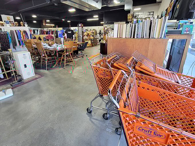 Orange shopping carts await their mission: to be filled with treasures you never knew you needed until this very moment.