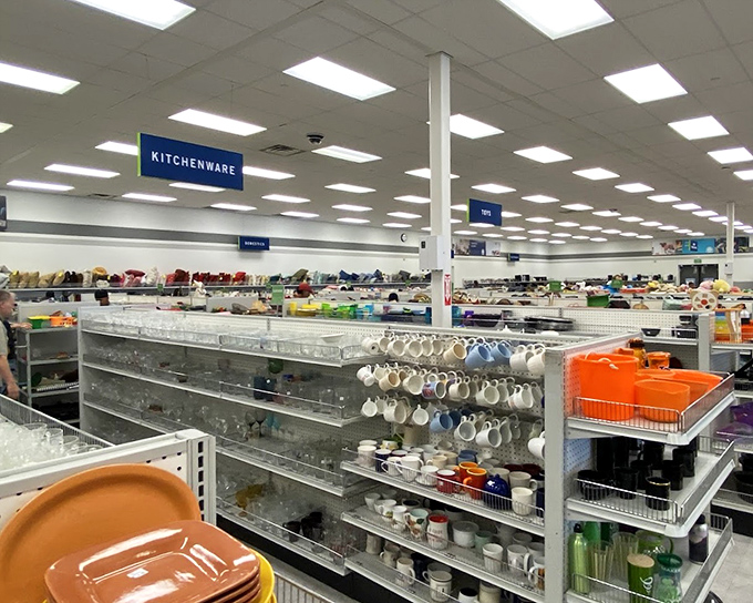 Mug handles create a mesmerizing pattern in the kitchenware section, where one person's castoff coffee cup becomes another's morning essential.