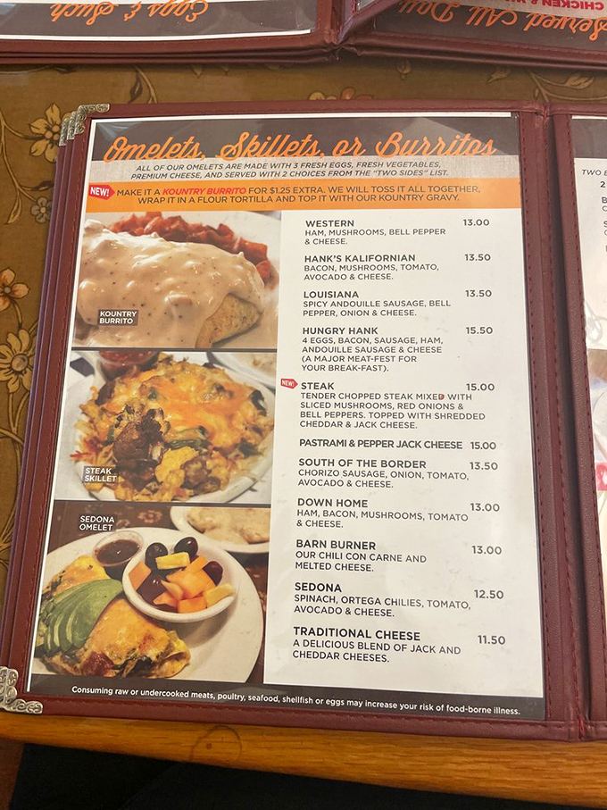 The menu reads like a love letter to American breakfast classics—each option more tempting than the last, with omelets and skillets taking center stage.