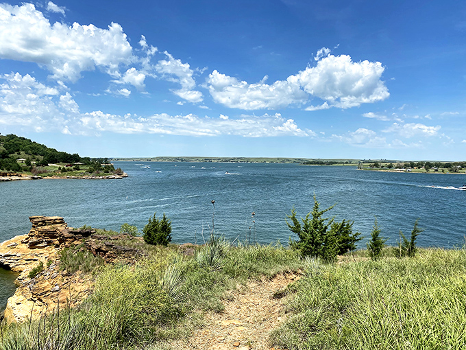 Crystal blue waters meet endless sky at Wilson Lake, where Kansas proves it can do "breathtaking" just as well as those showoff coastal states.
