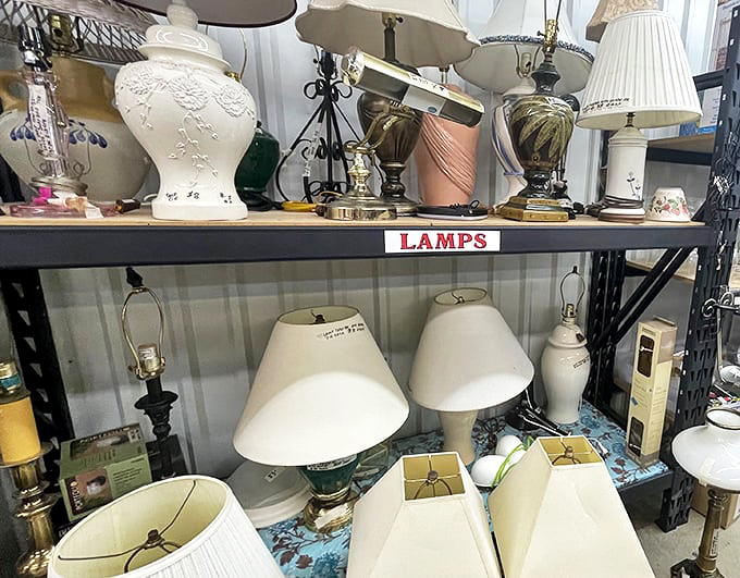 The lamp section glows with possibility. One person's dated decor is another's "vintage find" that designers charge thousands to source. 