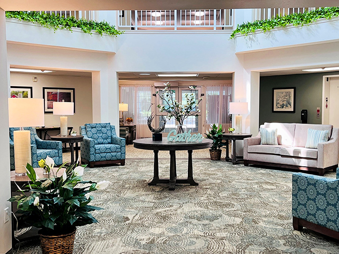 This lobby proves retirement communities can have style without looking like a country club having an identity crisis.