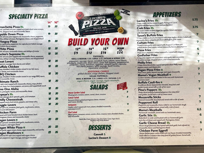 The menu reads like a love letter to pizza possibilities. Build your own masterpiece or trust their specialty combinations &ndash; either way, you win.