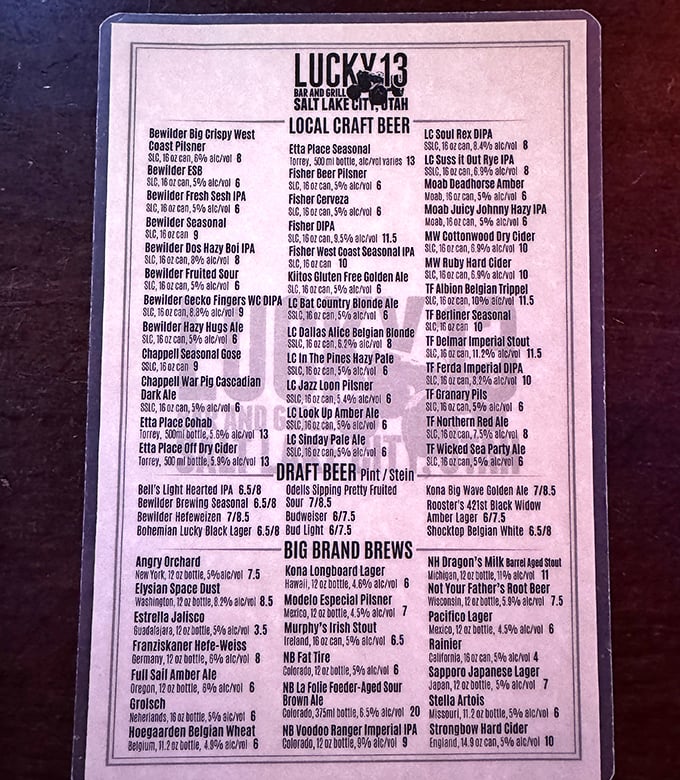 The beer menu reads like a love letter to Utah's craft brewing scene. Decision paralysis has never been so delicious.