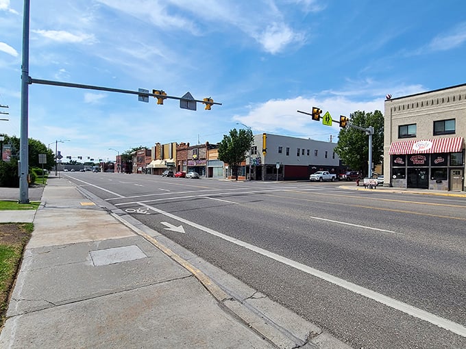 Main Street on a quiet afternoon, where rush hour means waiting for one pickup truck to pass.