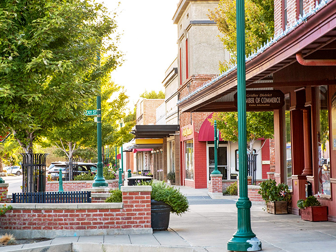 Brick buildings, green lampposts, and not a chain store in sight &ndash; Main Street Gridley feels like stepping into a Norman Rockwell painting.