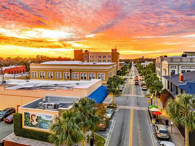 Downtown Leesburg at golden hour &ndash; when the buildings glow amber and even the palm trees seem to stand a little taller for the evening show.