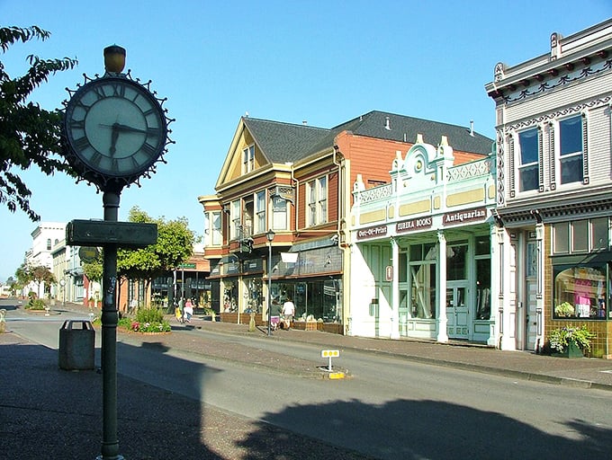 Main Street's vintage clock and colorful storefronts create a scene so quaint you'll wonder if you've wandered onto a movie set.