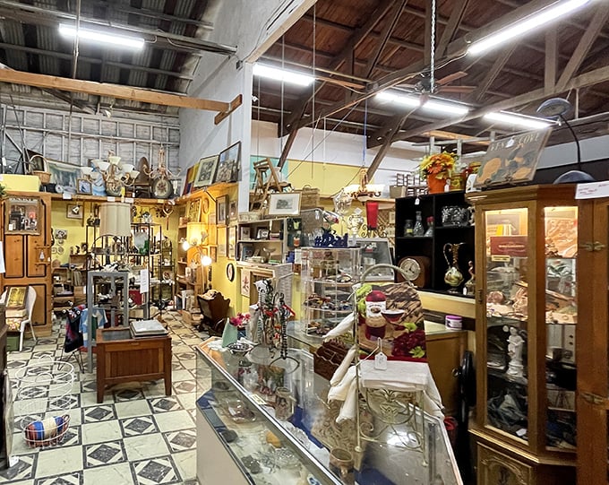 Display cases gleaming with possibility, where yesterday's treasures await tomorrow's homes. The checkerboard floor adds a touch of Alice in Wonderland whimsy.