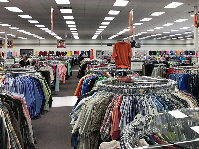 A sea of shirts, jackets, and pants awaits the intrepid explorer—like a textile version of the Pacific Ocean, but with better organization.