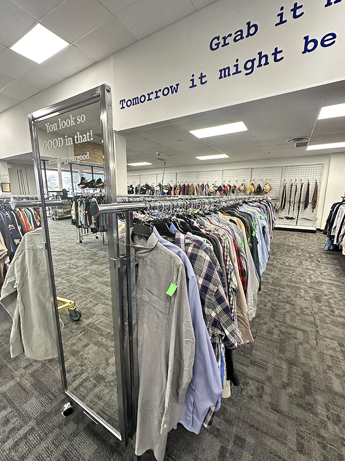 "You look so GOOD in that!" mirrors don't lie, especially when surrounded by racks of gently-loved button-downs waiting for second acts.
