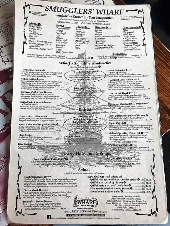 A menu that reads like a maritime treasure map, with X marking the spot where She Crab Soup becomes legendary.