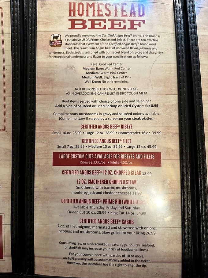This menu isn't just a list&mdash;it's a declaration of beef devotion. Note the warning about well-done steaks: a steakhouse with principles!