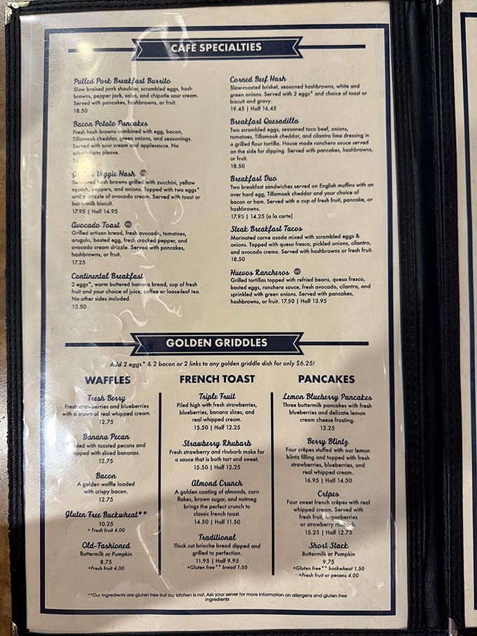 A menu that reads like comfort food poetry. Each description makes your stomach growl louder than a bear waking from hibernation.