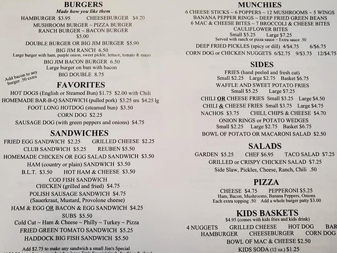 A menu that hasn't changed much because perfection doesn't need updating. The Big Jim Burger is calling your name.
