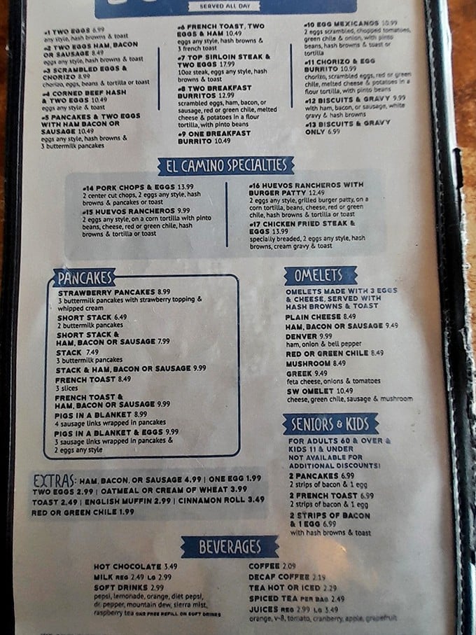A menu that doesn't need fancy fonts or pretentious descriptions&mdash;just honest New Mexican food that speaks for itself, served all day because hunger doesn't follow a schedule.