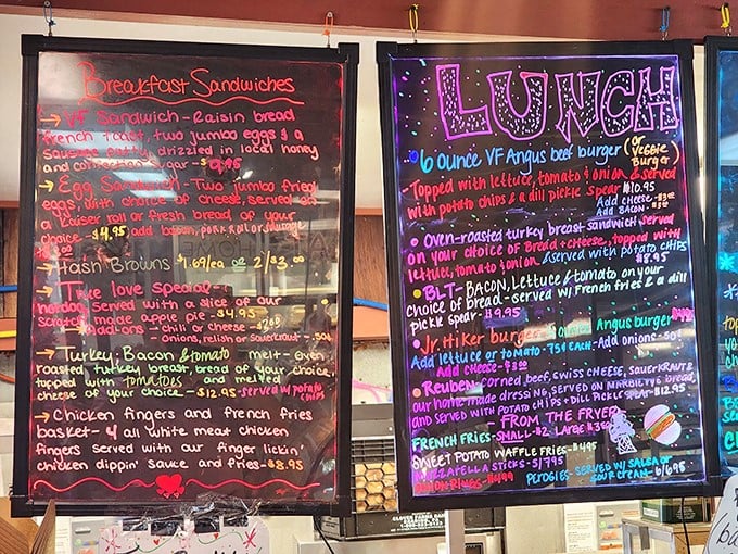 The menu boards tell tales of comfort food classics. Reading them is like getting a warm hug from your favorite aunt who knows her way around a kitchen.