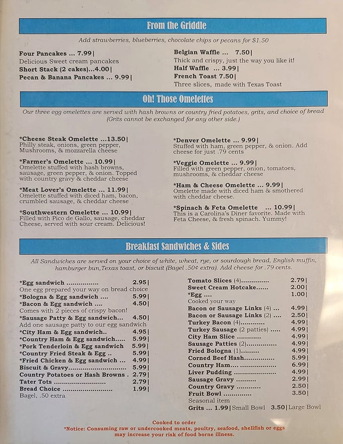 The menu reads like a love letter to breakfast classics &ndash; those omelets aren't just food, they're morning masterpieces waiting to happen.