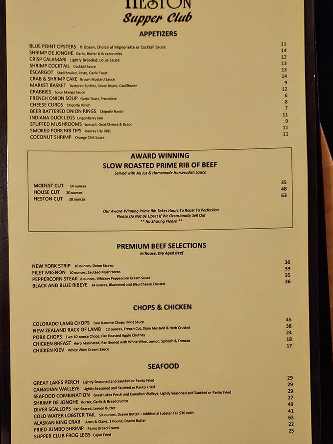 This menu reads like poetry to carnivores&mdash;award-winning prime rib, dry-aged steaks, and seafood that would make coastal restaurants jealous. Decisions, decisions.