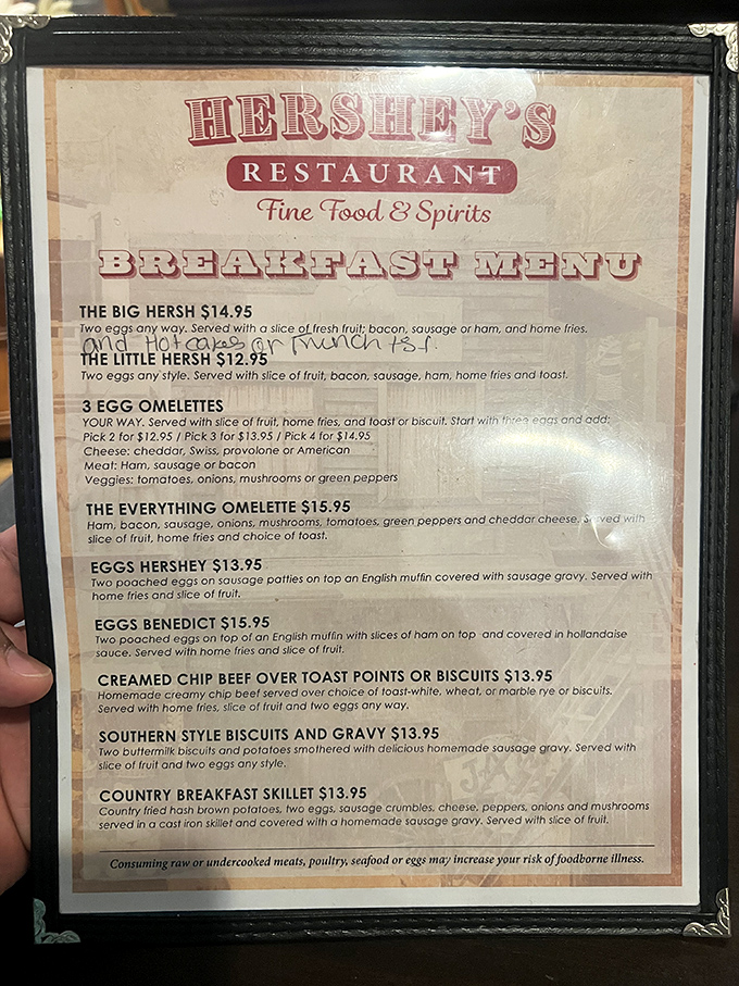 The breakfast menu reads like a love letter to morning comfort food. "The Everything Omelet" isn't kidding around!