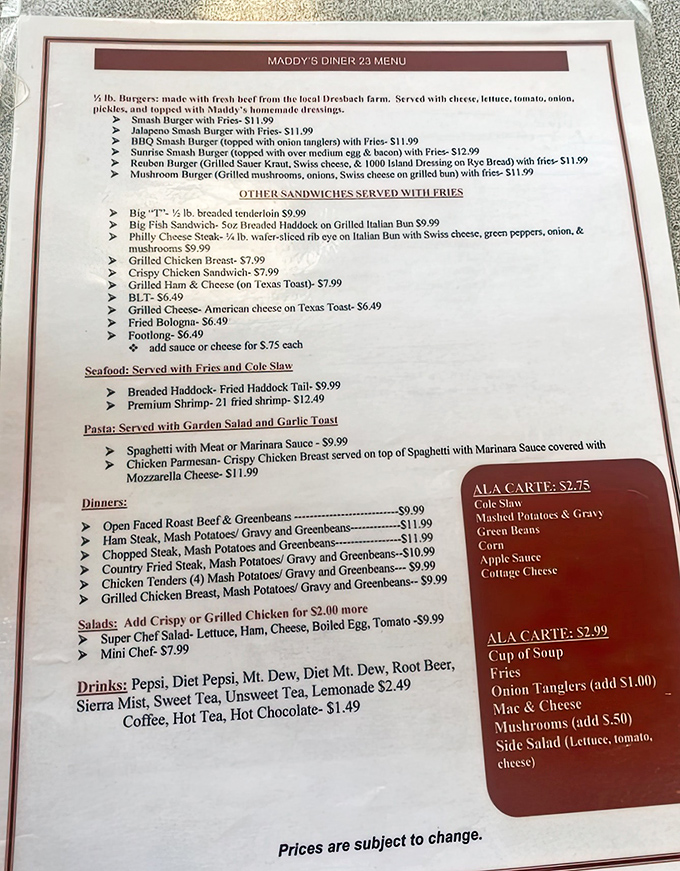 A menu that speaks the universal language of comfort. From farm-fresh burgers to country-fried steak, every item promises a delicious trip down memory lane.