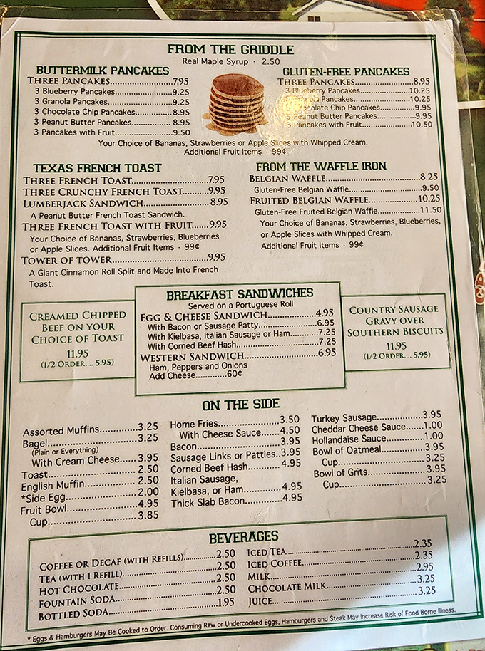 This menu reads like a greatest hits album of American breakfast classics. No molecular gastronomy here, just honest food that satisfies the soul.