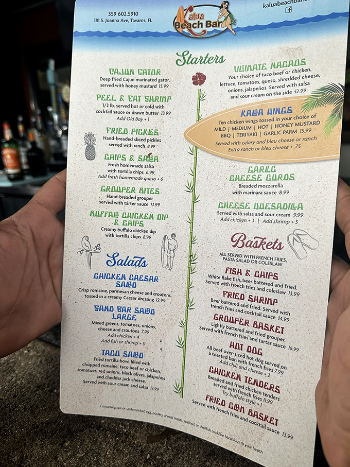The menu reads like a love letter to Florida's coastal cuisine. Cajun Gator to Fish & Chips &ndash; decisions this difficult should come with a therapist.