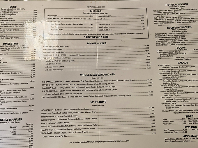 This menu isn't just a list of food; it's a roadmap to happiness with landmarks like "Freezes" and "Pecan Waffles" marking the way.