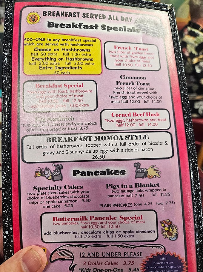Breakfast decisions, breakfast decisions! The well-worn menu reveals treasures like the legendary "BREAKFAST MOMOA STYLE"&mdash;as impressive and satisfying as its namesake.