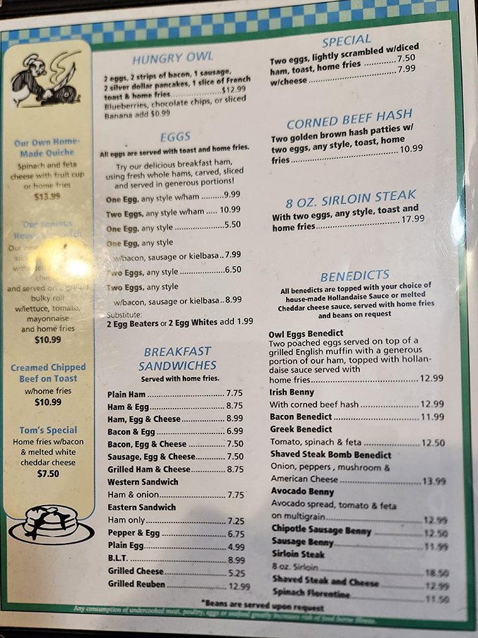 The menu at Four Sisters Owl Diner reads like a love letter to breakfast classics. That Hungry Owl special is calling my name!