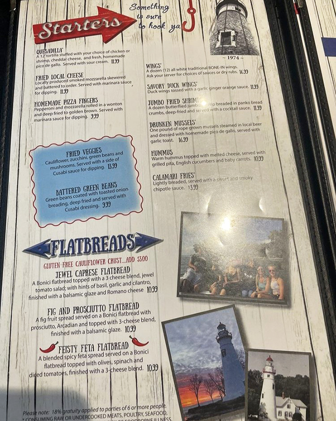 The menu reads like a love letter to Lake Erie's bounty, with everything from quesadillas to flatbreads competing for your attention. That walleye, though? Non-negotiable.