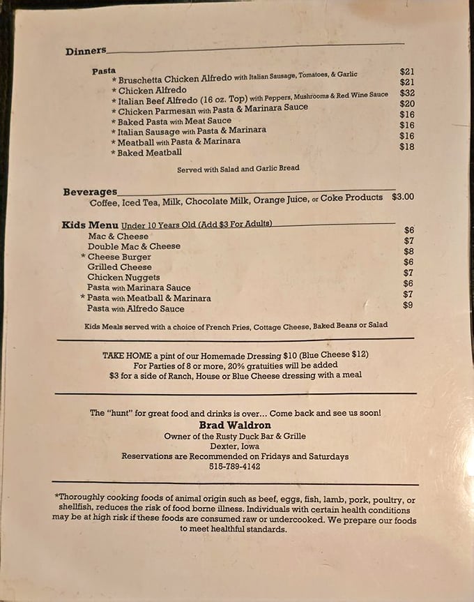 From Bruschetta Chicken Alfredo to Baked Meatball, this menu proves small-town kitchens mean serious business.