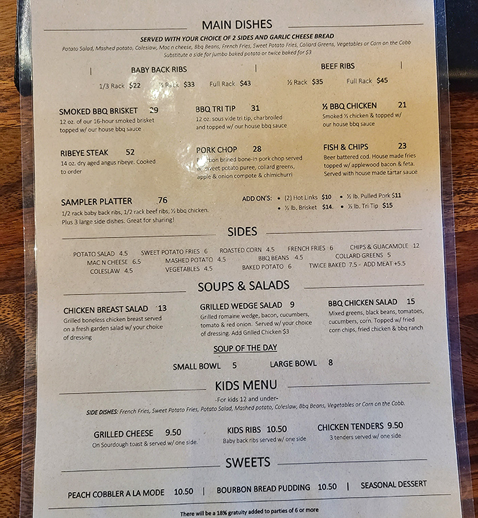 A menu that cuts right to the chase &ndash; no flowery descriptions needed when the star attractions are 16-hour smoked brisket and baby back ribs.