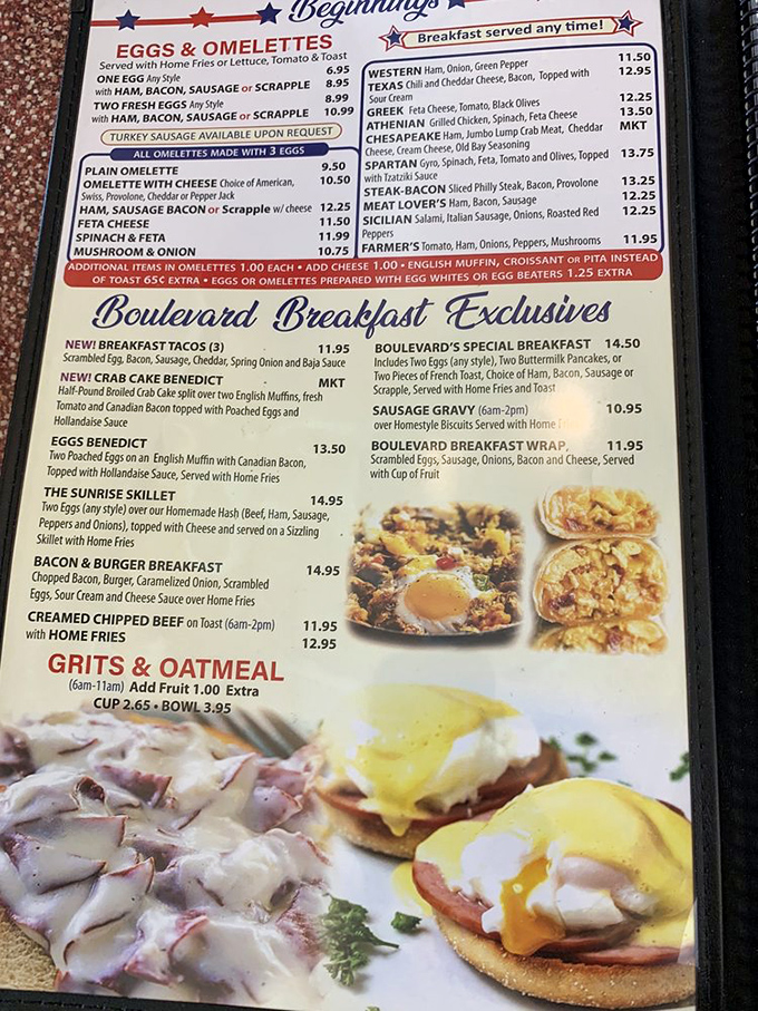 The breakfast menu reads like a love letter to morning indulgence, with the Chesapeake omelet paying proper homage to Maryland's crab obsession.