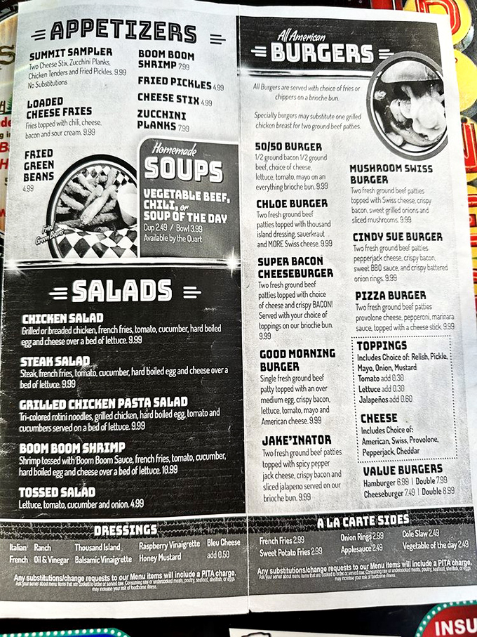 The menu reads like a greatest hits album of American comfort food – no pretension, just the promise of satisfaction printed in black and white.