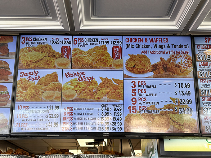 The menu board showcases the star attractions&mdash;golden-fried chicken and fluffy waffles in various combinations that'll make decision-making deliciously difficult.