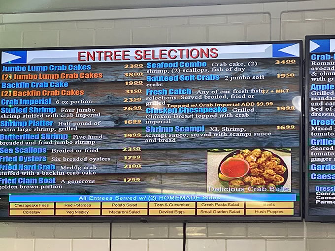 This menu board isn't just a list&mdash;it's a roadmap to happiness. The "Jumbo Lump Crab Cake" entry should have its own spotlight.