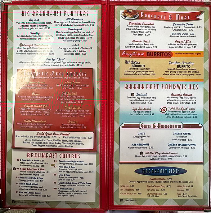 A menu that reads like poetry to the breakfast-obsessed. These laminated pages hold the secrets to happiness, served with a side of hashbrowns.