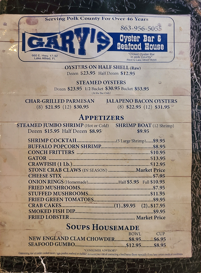 This menu isn't just a list of dishes&mdash;it's a treasure map to seafood paradise. Those oyster preparations alone are worth the drive!