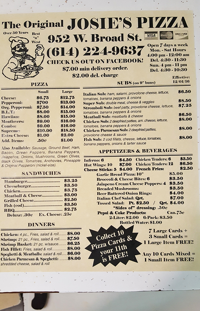 This menu isn't just a list&mdash;it's a historical document of deliciousness. The "Original Pepperoni" isn't just a name; it's a promise.